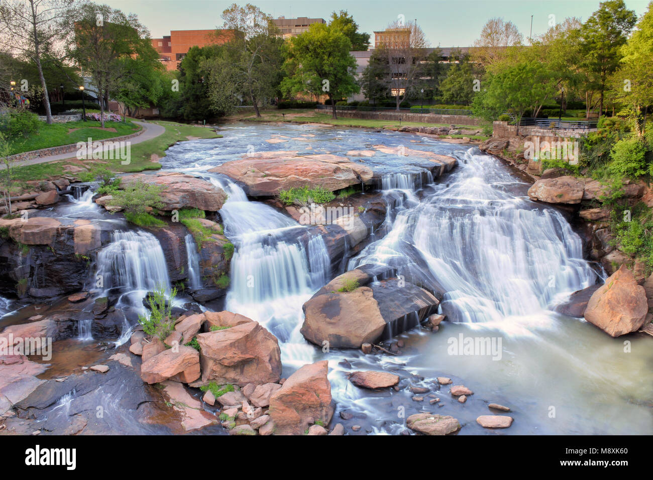 Idyllic Greenville South Carolina Falls park waterfall at the heart of city downtown Stock Photo ...
