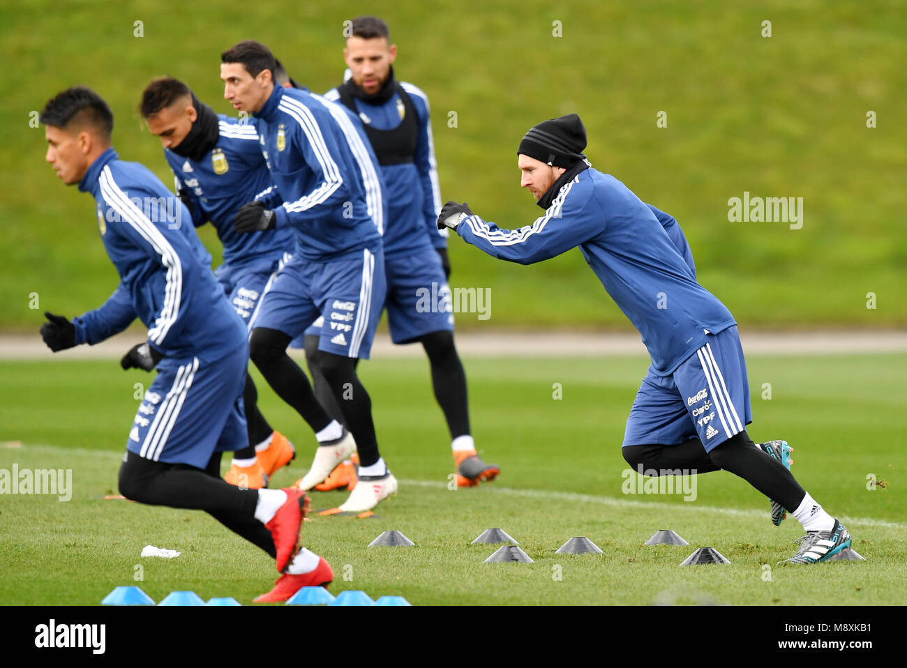Argentina's Lionel Messi (right) during a training session at the City ...