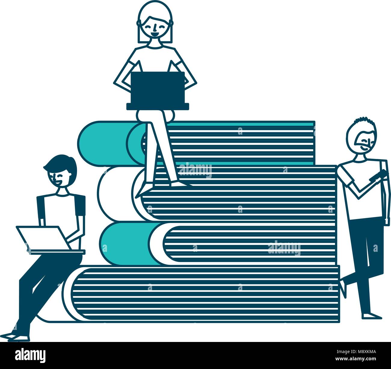 people using technology devices and pile books Stock Vector Image & Art ...