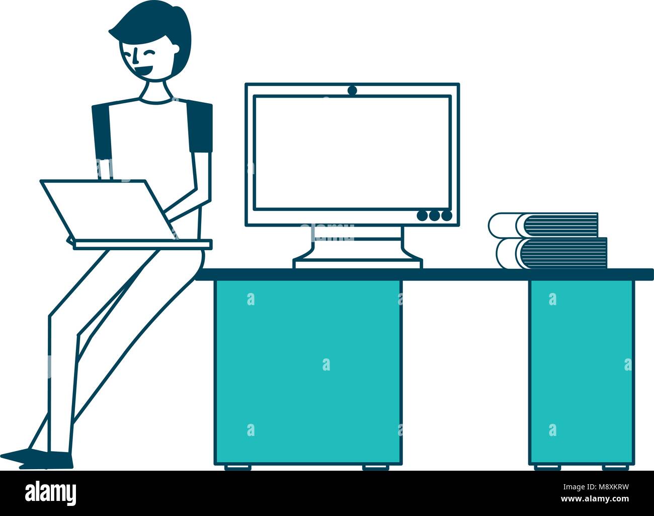smiling man sitting on desk with laptop books and pc Stock Vector Image ...