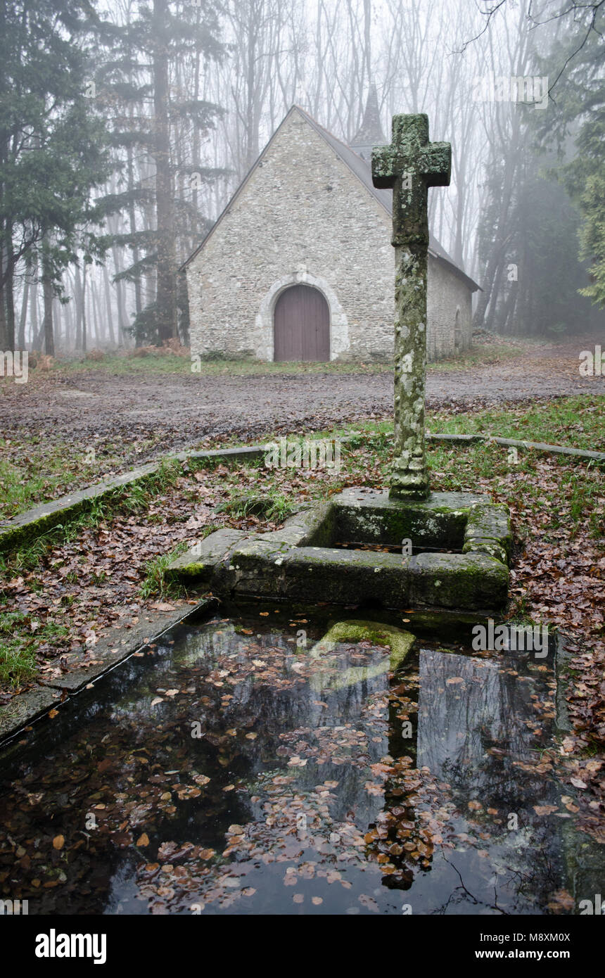Chapel and Cross in Fog Stock Photo - Alamy