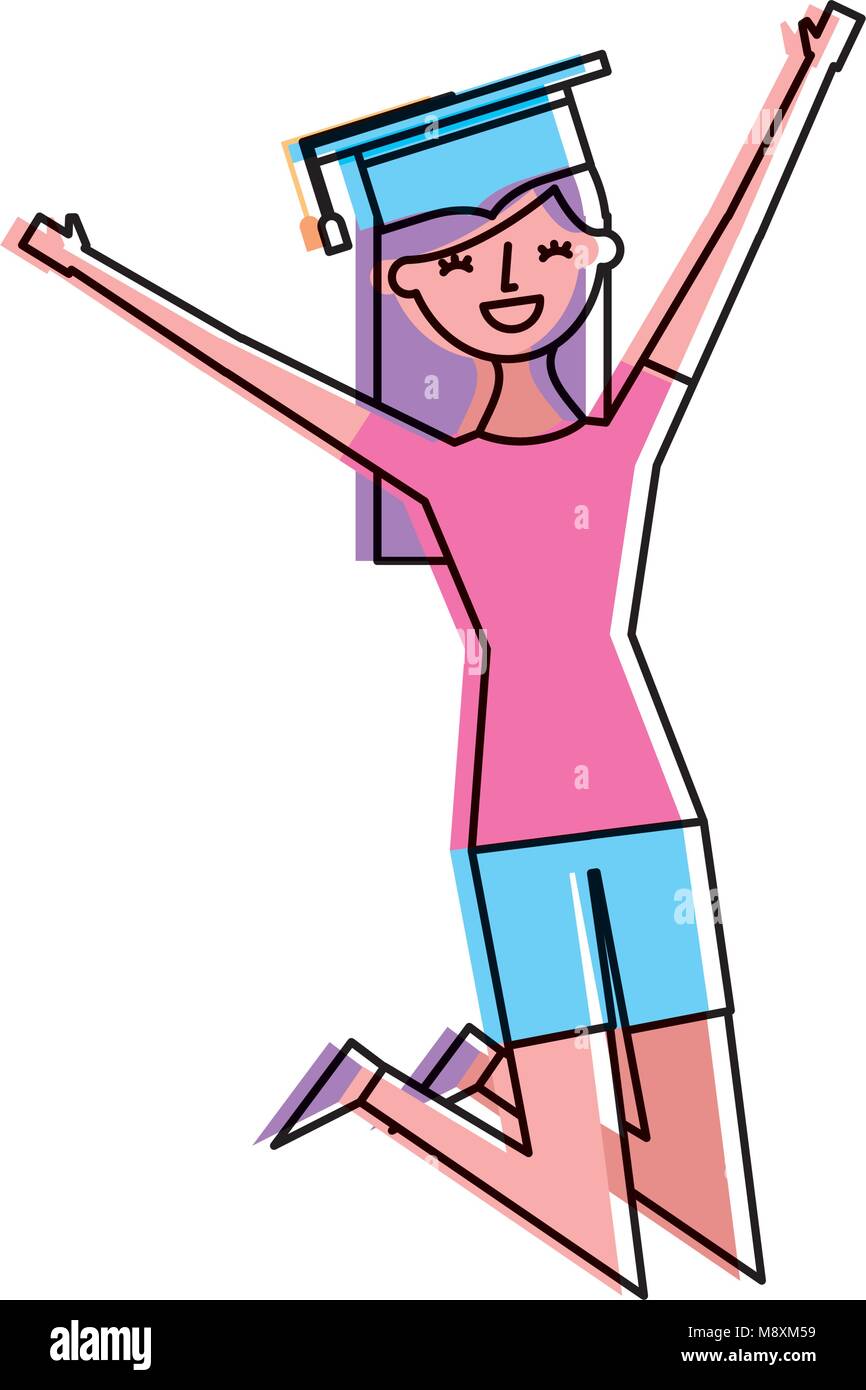 cartoon character young graduate woman jump from happiness Stock Vector ...