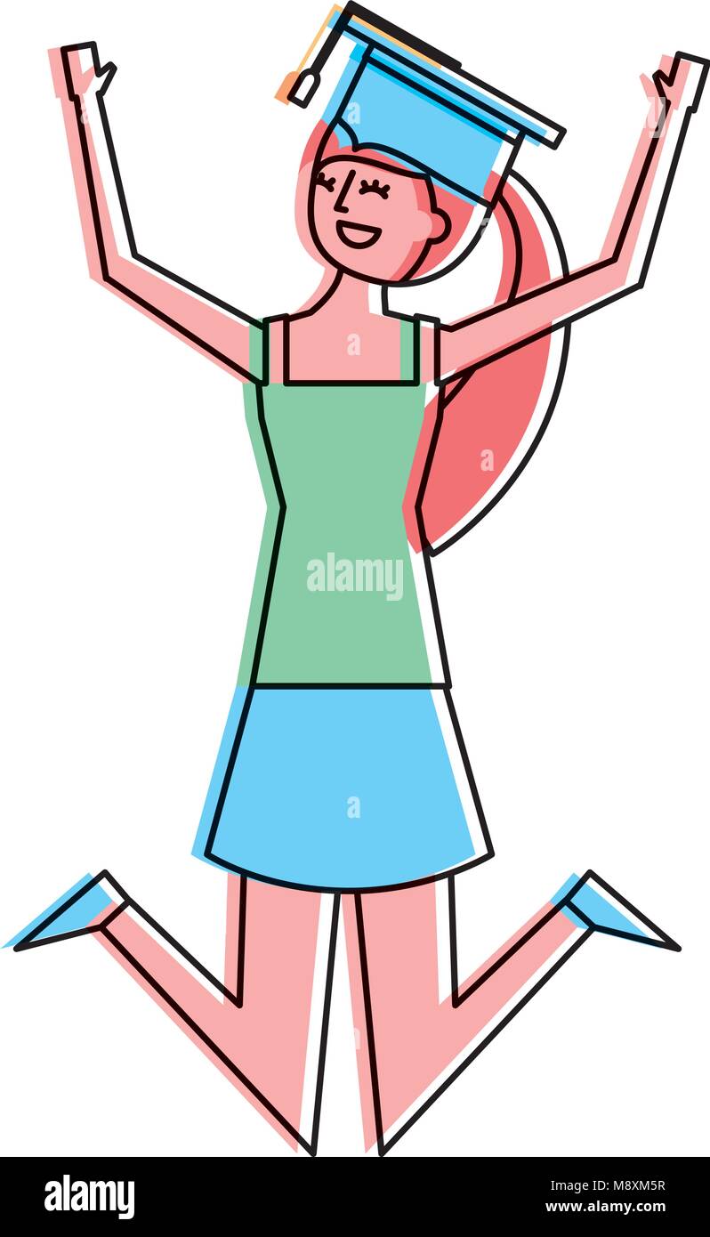 cartoon character young graduate woman jump from happiness Stock Vector ...