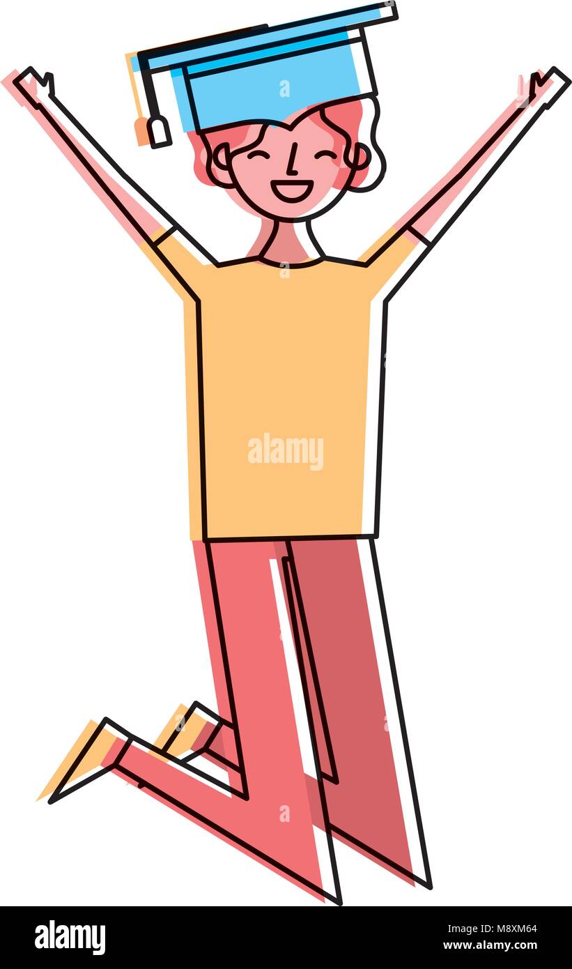 cartoon character young graduate woman jump from happiness Stock Vector ...
