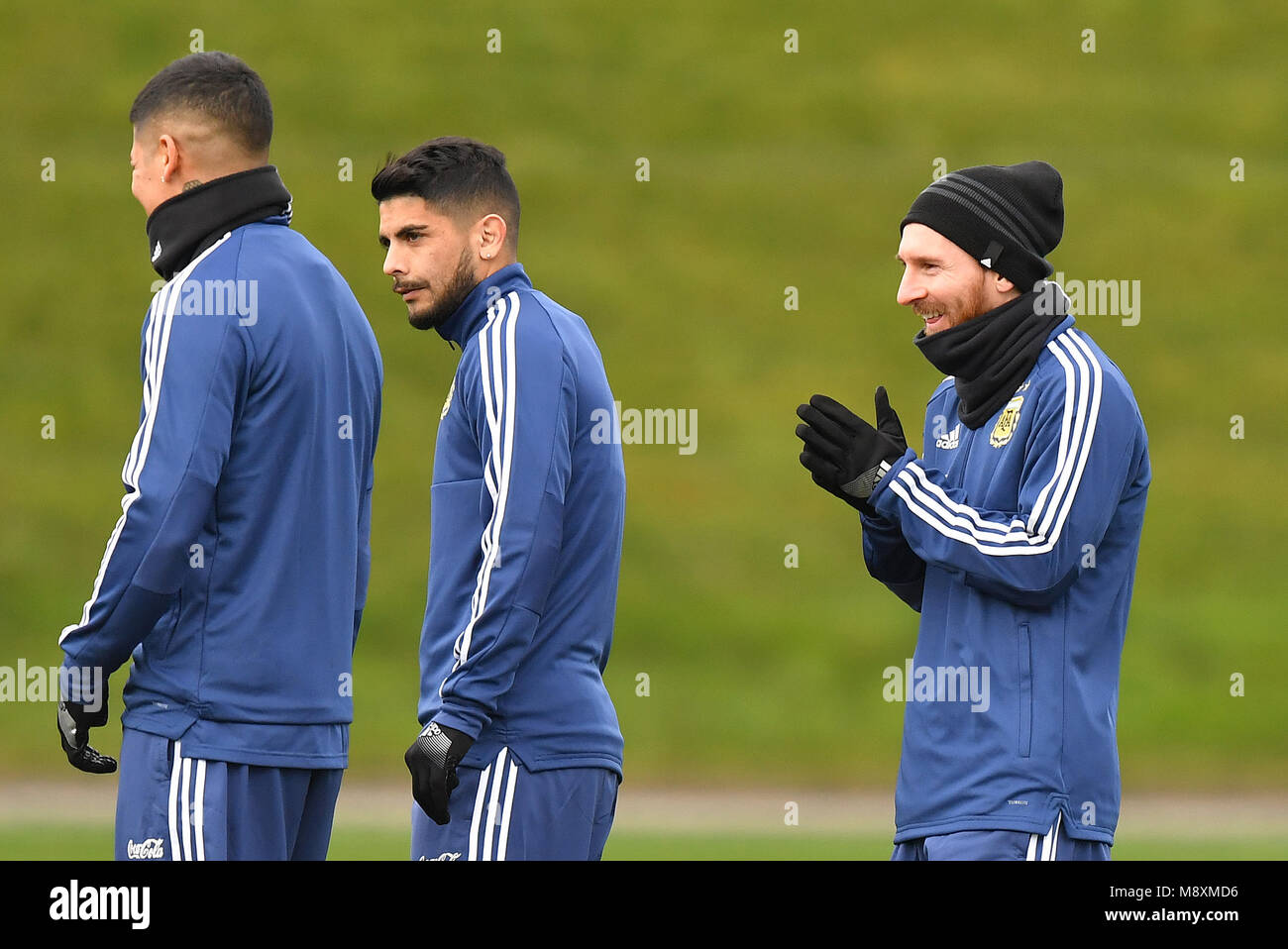 Argentina's Lionel Messi (right) during a training session at the City ...