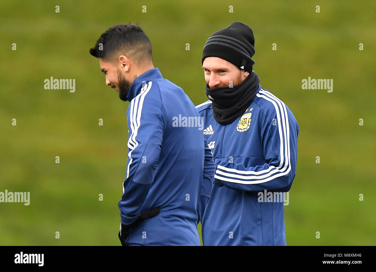 Argentina's Lionel Messi (right) during a training session at the City ...