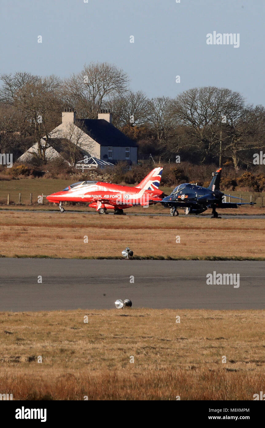 A Red Arrows jet and a Hawk on the tarmac at RAF Mona in north Wales ...