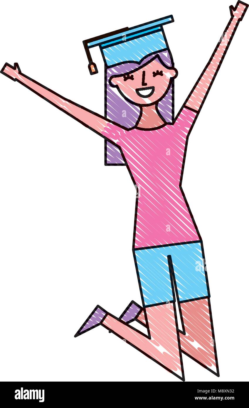 cartoon character young graduate woman jump from happiness Stock Vector ...