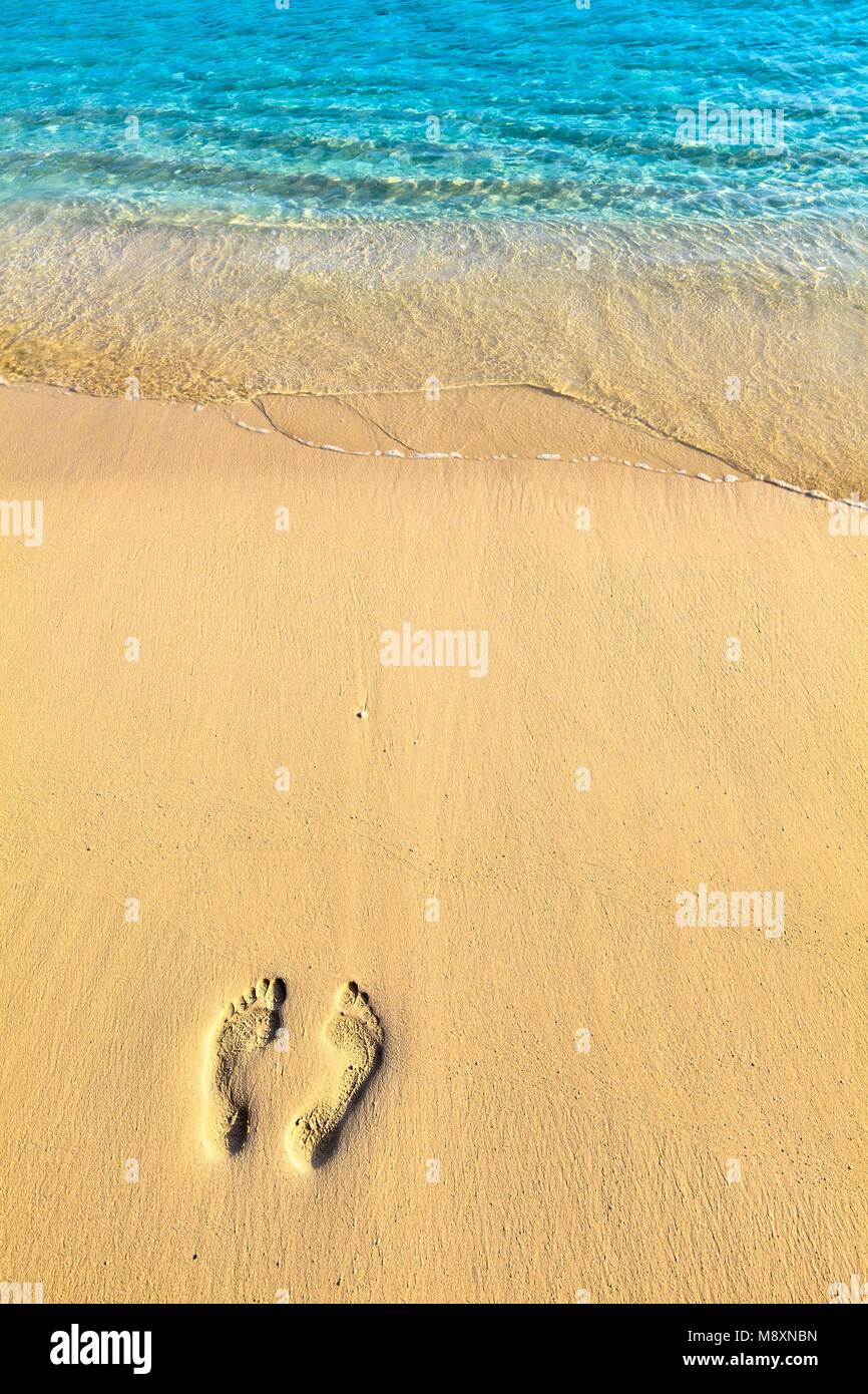 One pair footsteps on coral sandy beach Stock Photo - Alamy