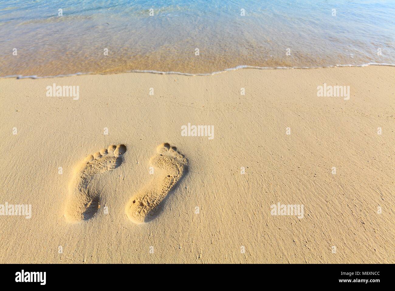 One pair footsteps on coral sandy beach Stock Photo - Alamy