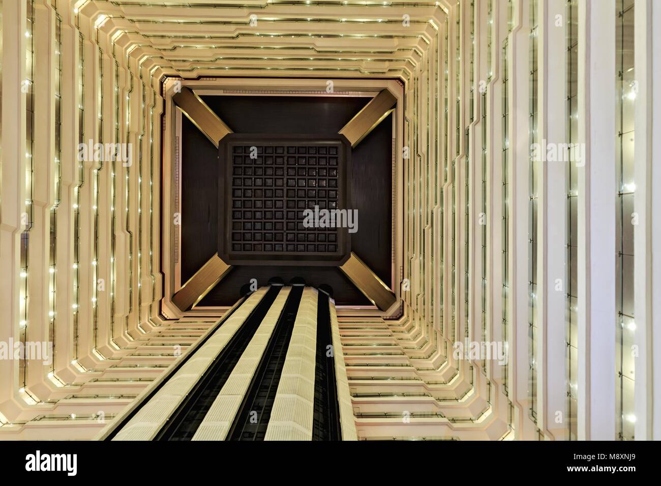 Interior of the Le Meridien hotel, view from the bottom to up, New ...