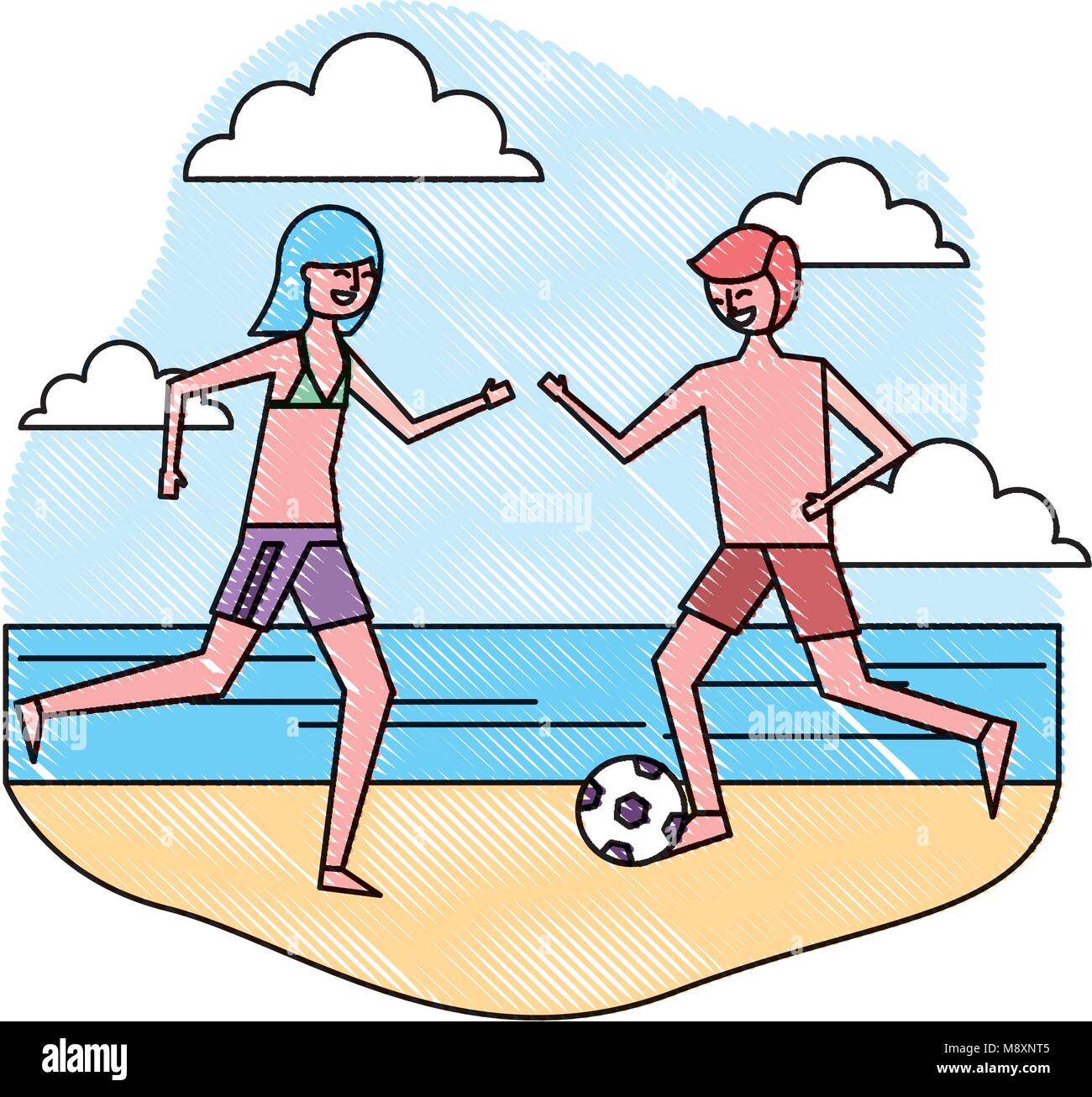Couple Cartoon Playing In The Beach With Soccer Ball Stock Vector Image And Art Alamy