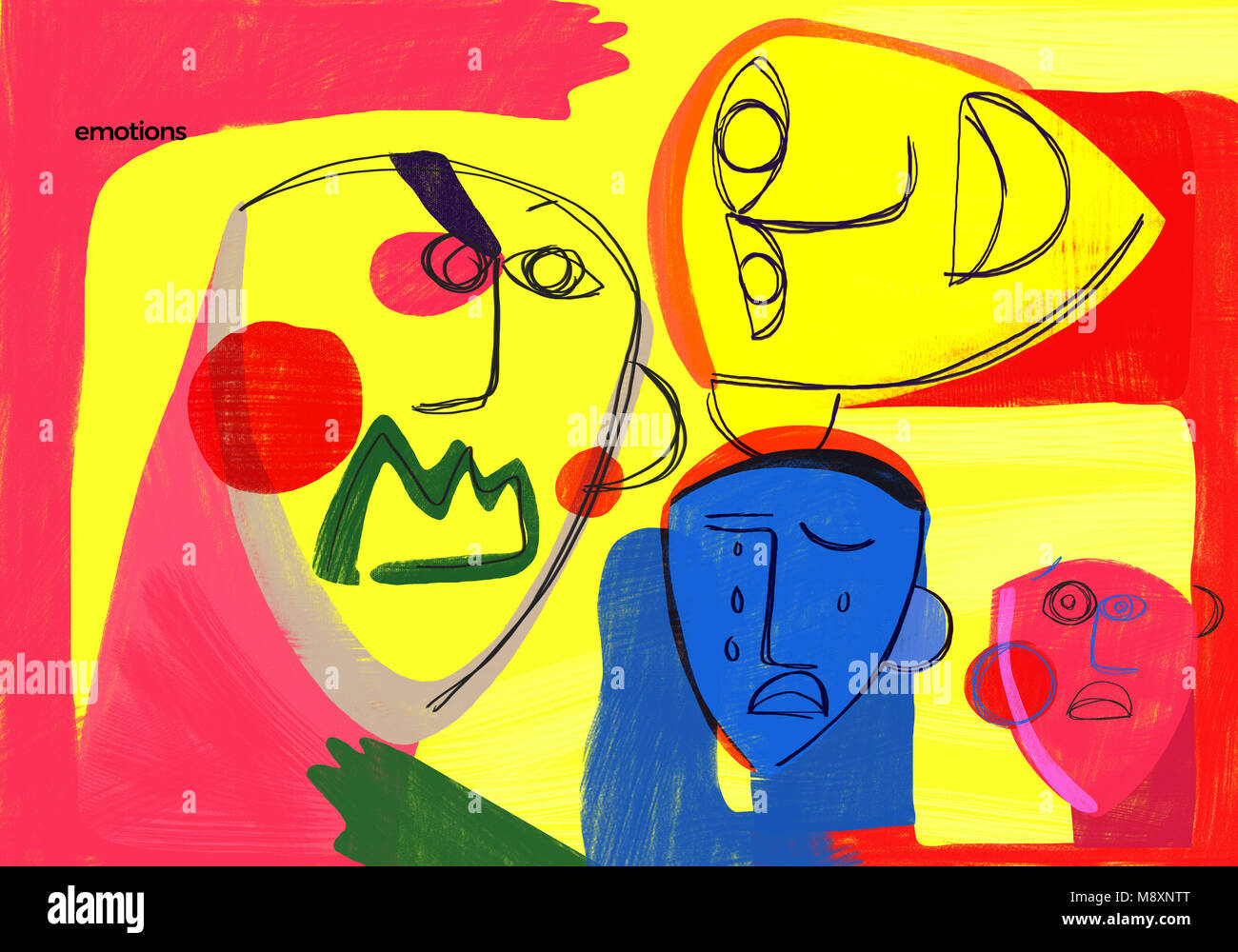 Emotions. Conceptual illustration shows faces expressing emotions with ...