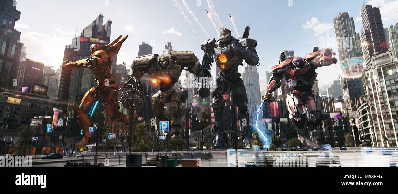 PACIFIC RIM UPRISING, l-r: Jaeger mechs Saber Athena, Bracer Phoenix ...