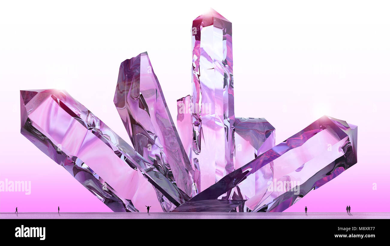 Fantasy landscape, crystals, amethyst, quartz, light, sun, people in ...