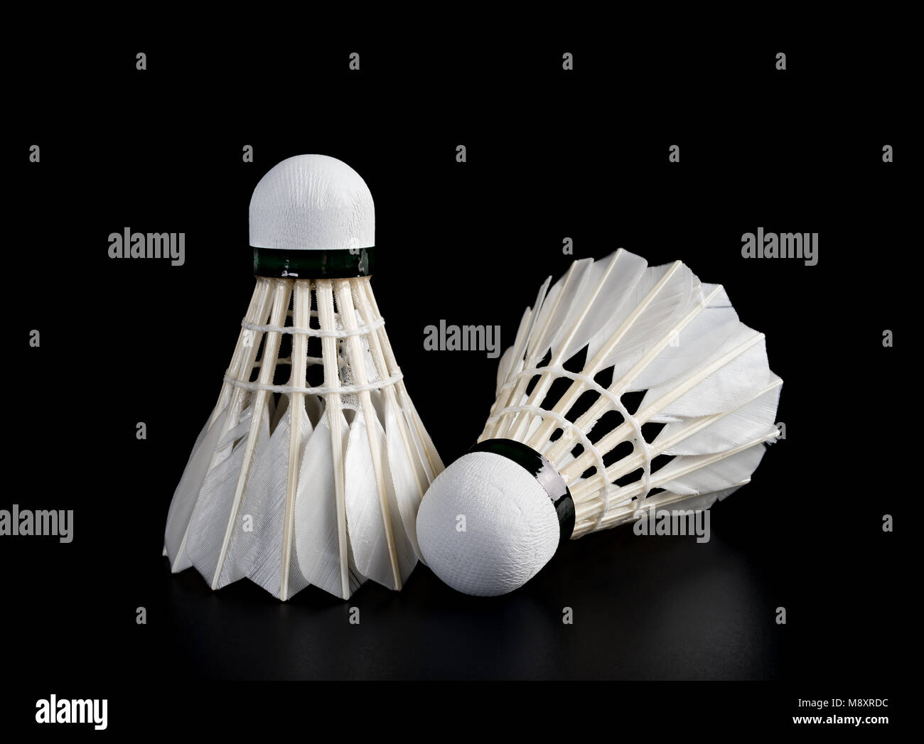 two brand new shuttlecocks on a black background Stock Photo - Alamy