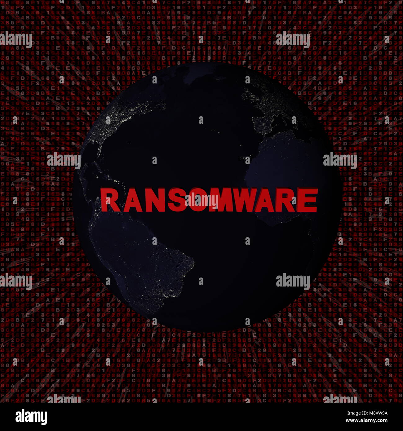 Ransomware text with earth by night and red hex code illustration ...