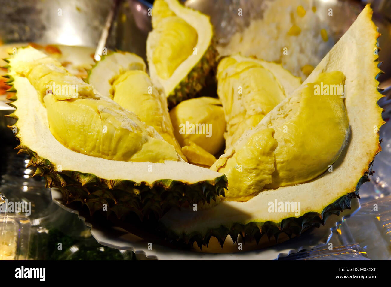 Fresh Cut Durian Fruit at the Market Stock Photo - Alamy