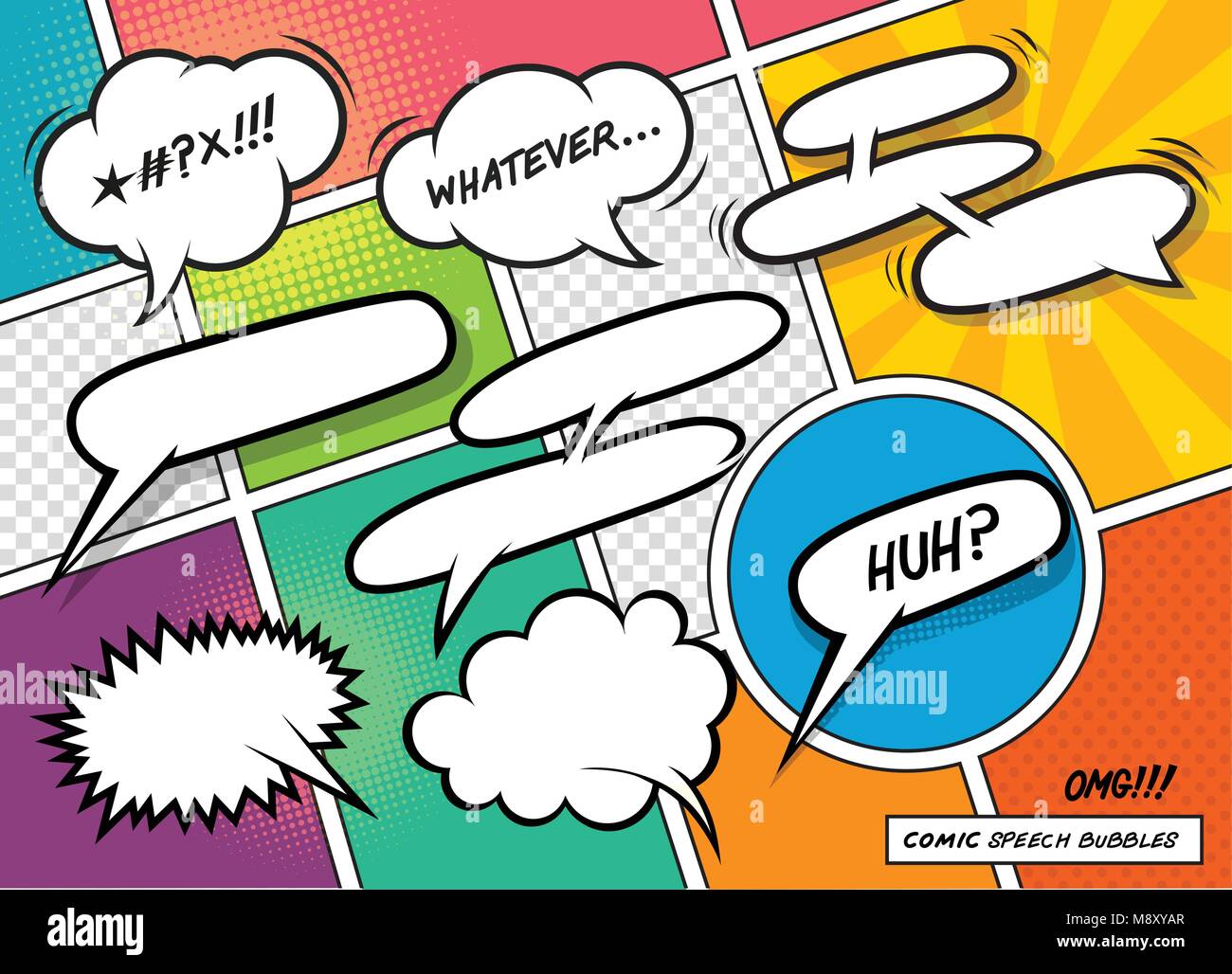 A collection of fun cartoon speech bubbles on a colourful background ...