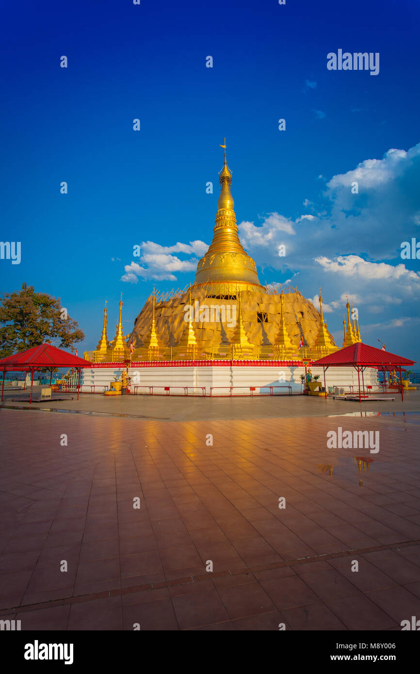 Tachileik golden Shwedagon Pagoda on hilltop of Tachileik Myanmar Stock ...