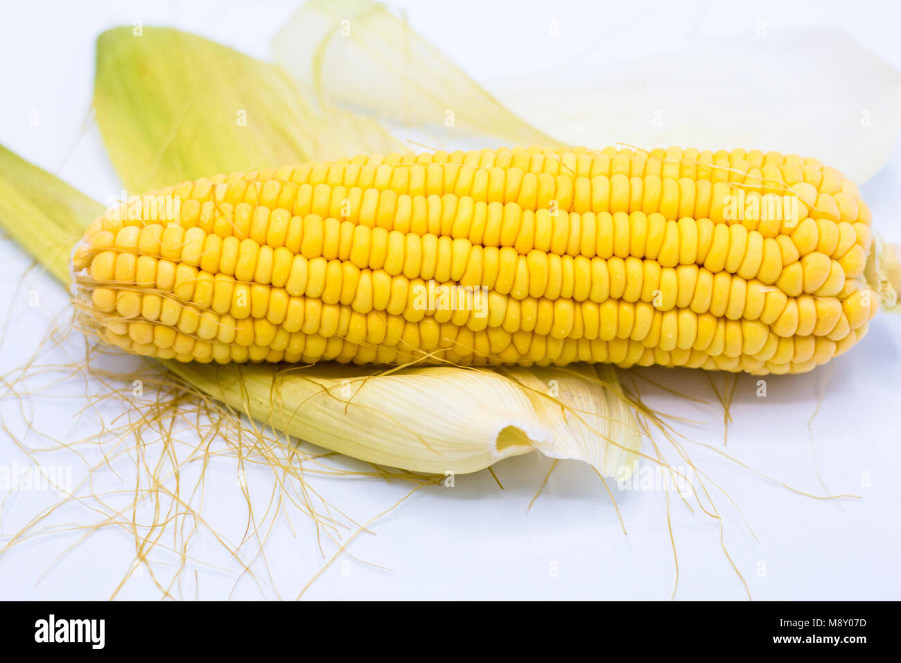 Yellow corn raw isolated on white background, front view from the top ...