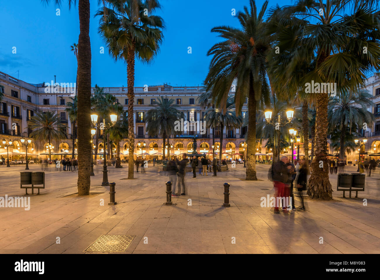 Night view of Placa Reial square (Plaza Real) in the Gothic Quarter ...