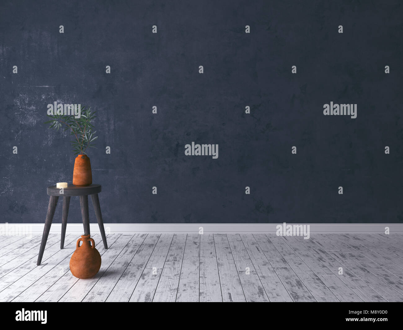 Empty black rustic room with old stool, clay vase with tree limbs and ...