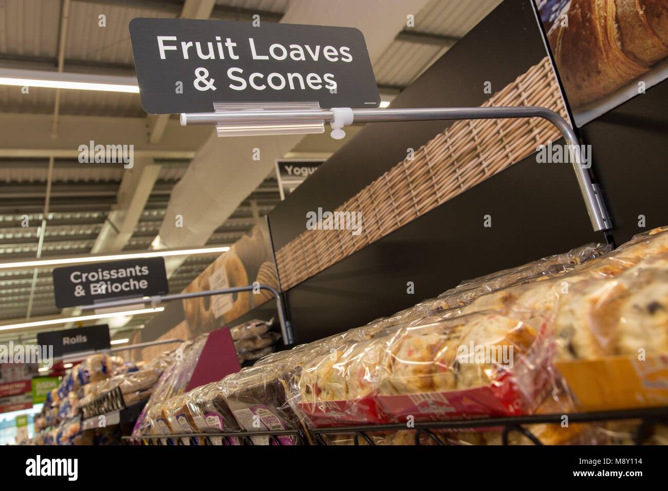Fruit loaves and scones for sale in the bakery department of an Asda ...