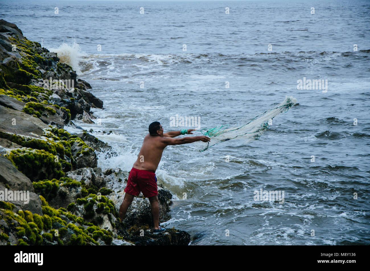 Fisherman throwing his net to catch some fish Stock Photo - Alamy
