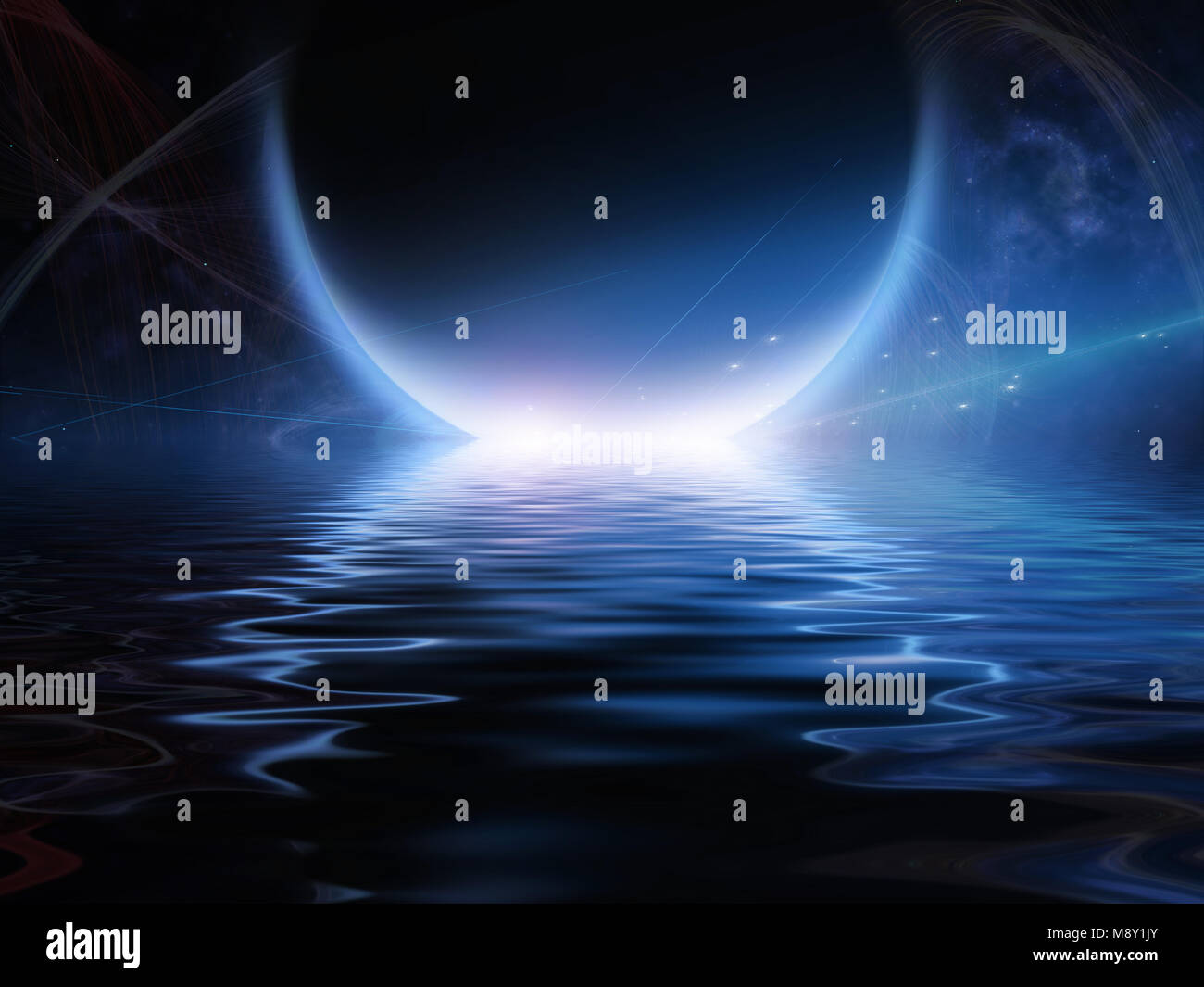 Exosolar Planet Rise over quiet waters Stock Photo - Alamy