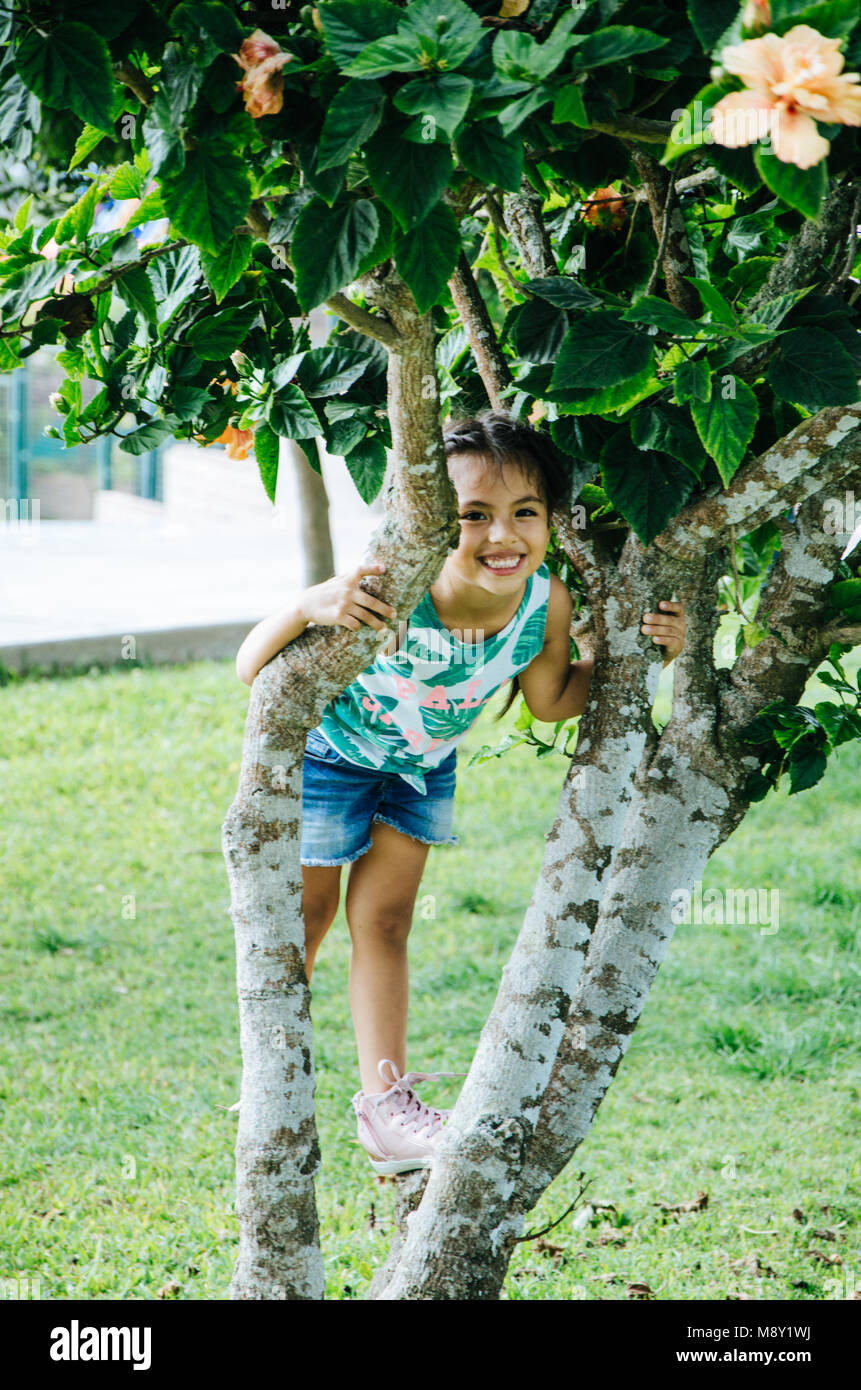 Happy girl hanging from a tree smiling Stock Photo - Alamy