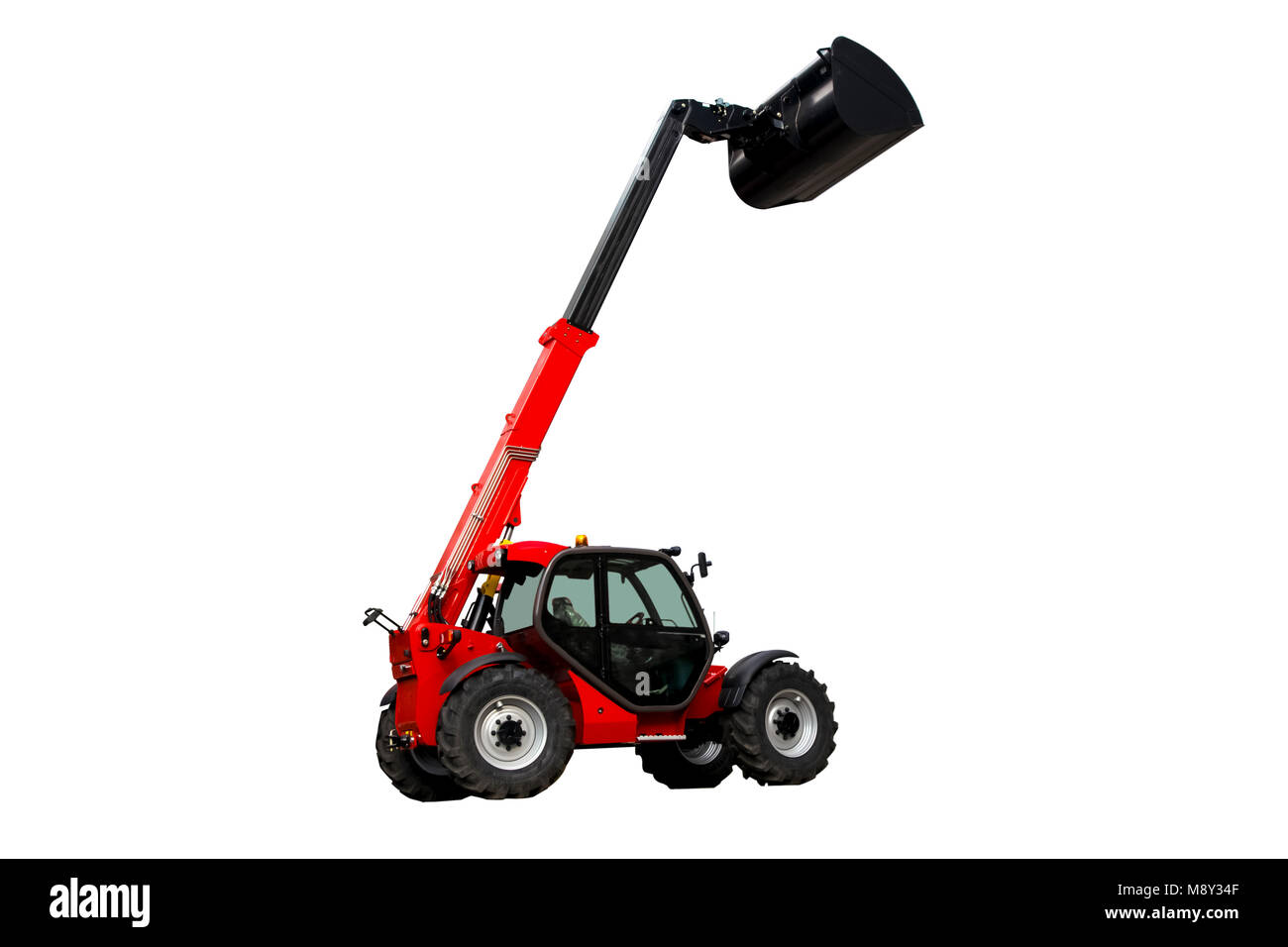 red excavator with a raised bucket up, isolated on a white background ...