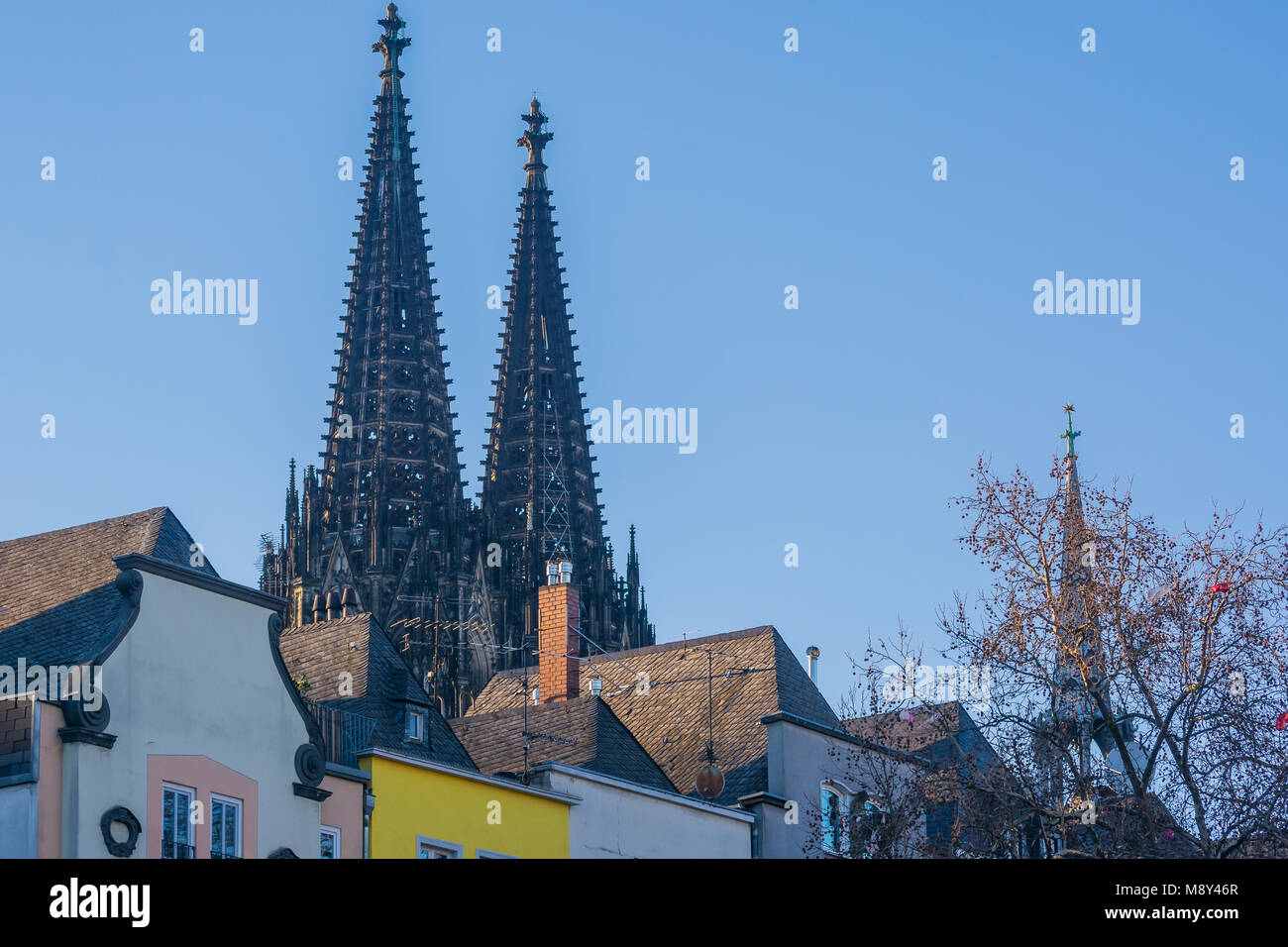 The two Towers of the Cologne Dome and top of historic houses Stock ...