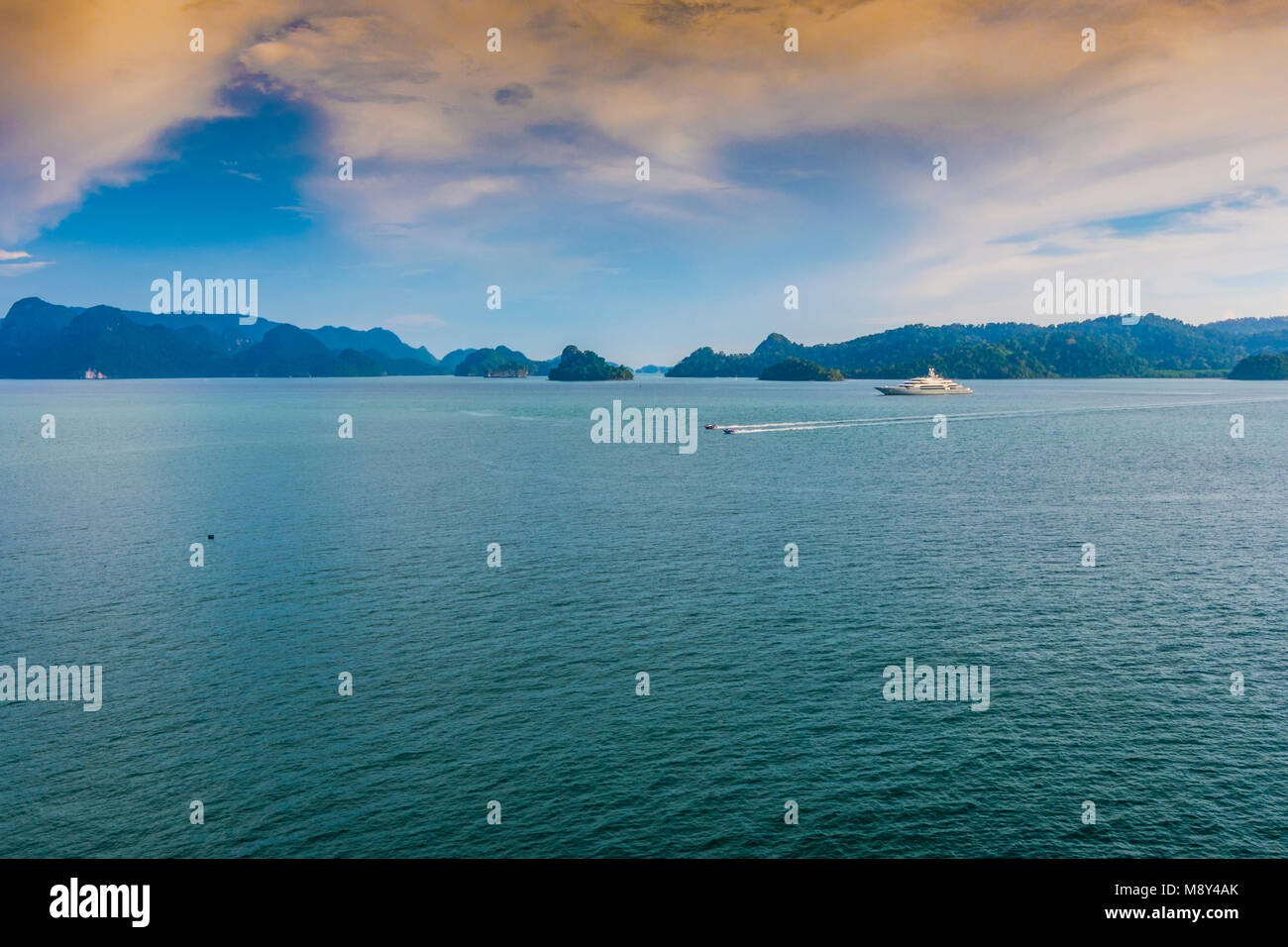 Panoramic view of the strait of malacca in the andaman sea and boats ...