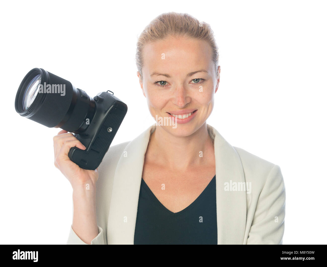 Woman photographer takes images with dslr camera Stock Photo - Alamy