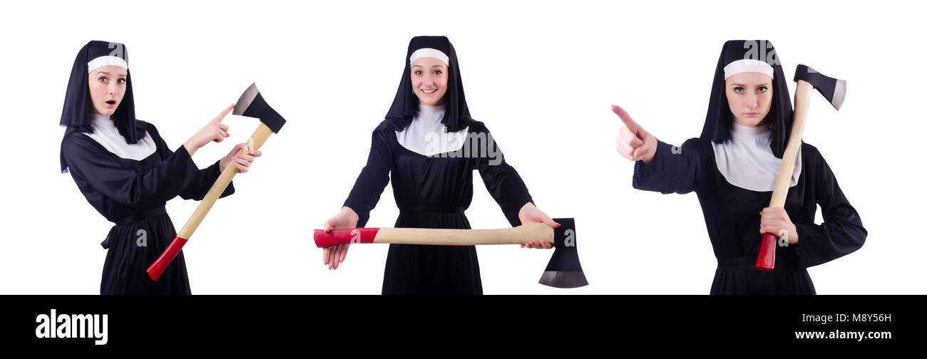 Nun with axe isolated on white Stock Photo - Alamy