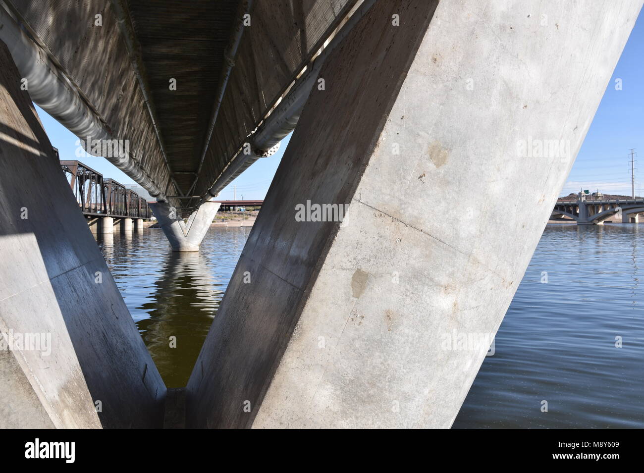 Light rail bridge across the Salt River Tempe Town Lake long view with ...