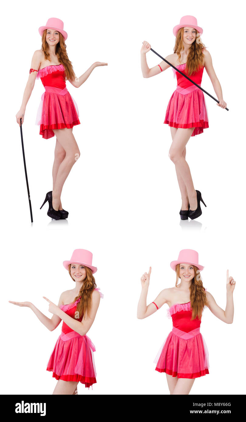 Pretty young wizard in mini pink dress isolated on white Stock Photo ...