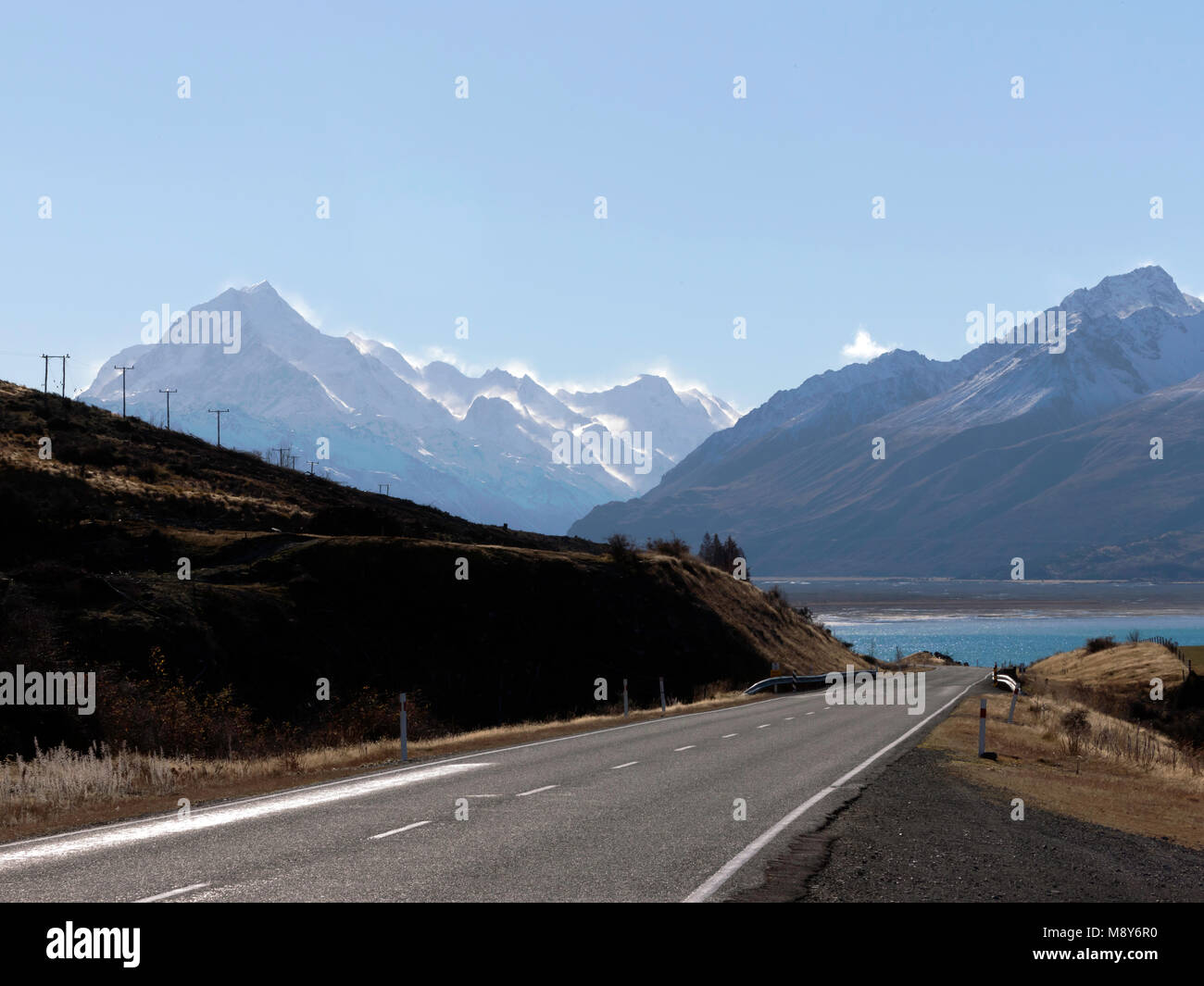 View of Mount Cook from the Mt Cook Highway approaching Mt Cook Village ...