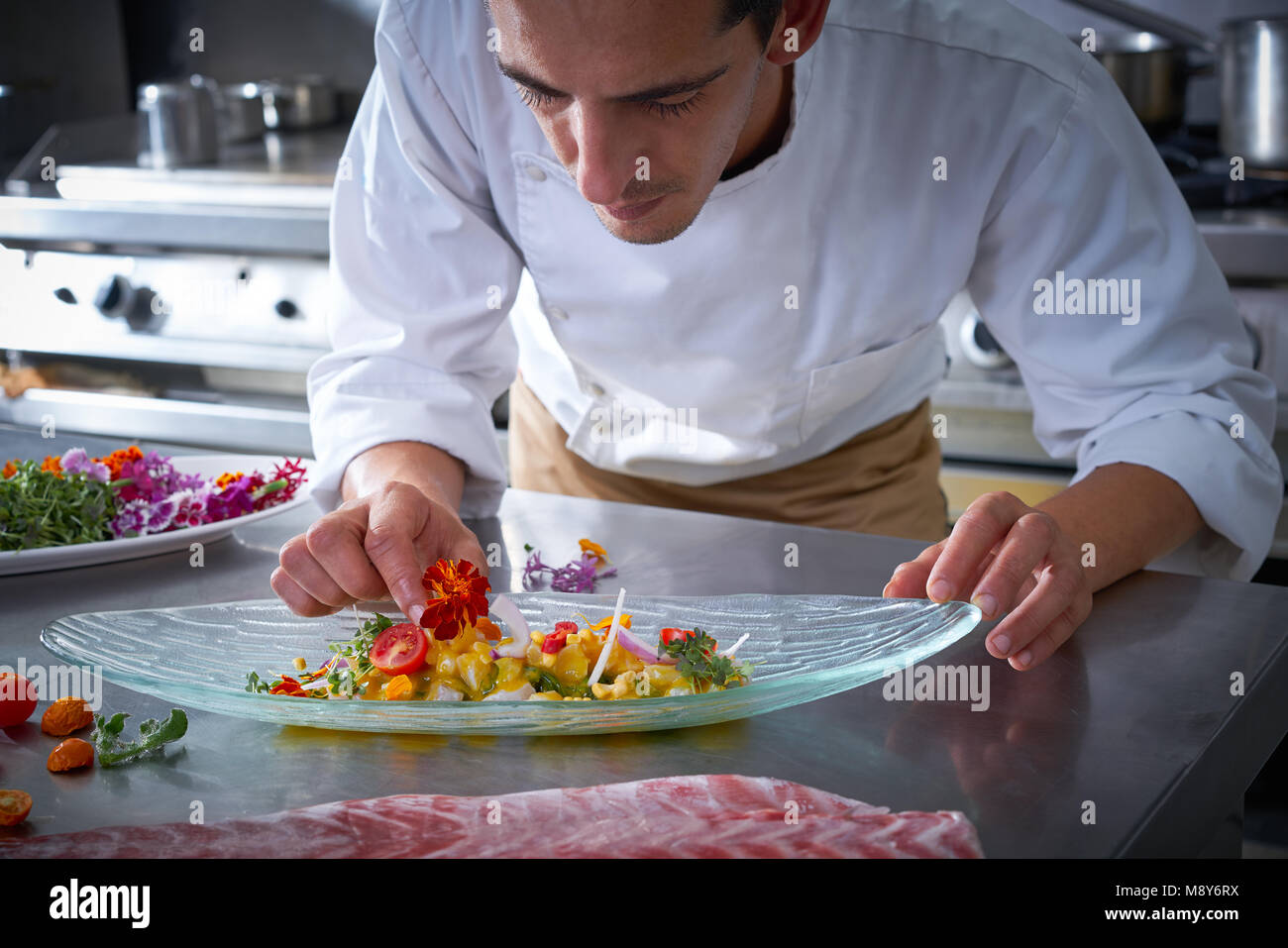 Chef garnishing flower in ceviche dish with hands at stainless steel ...