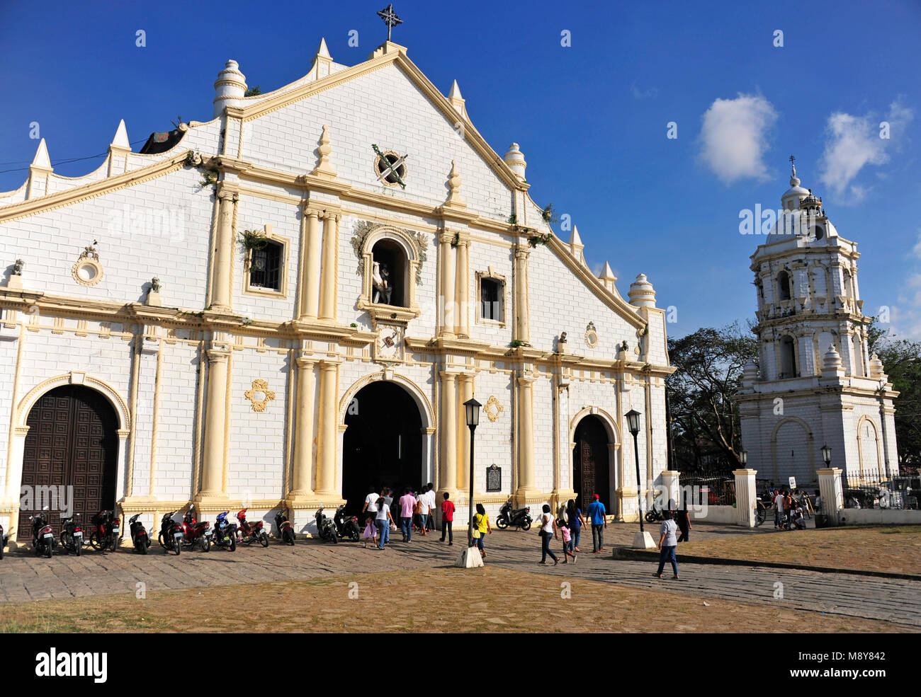 The Cathedral and the bell tower in Vigan city, Ilocos Sur, Philippines ...