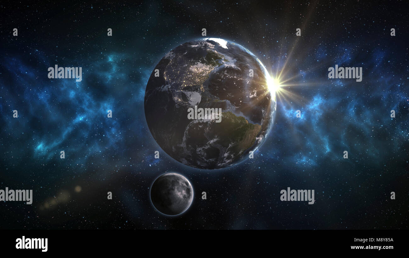 Frontal View of the Planet Earth and Orbiting Moon. The elements of ...