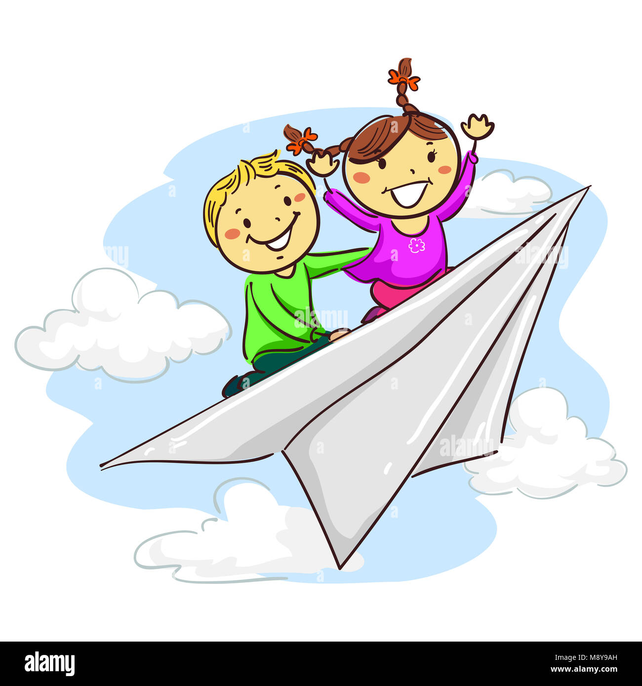 Illustration of Stick Kids riding on the Paper Plane Stock Photo - Alamy