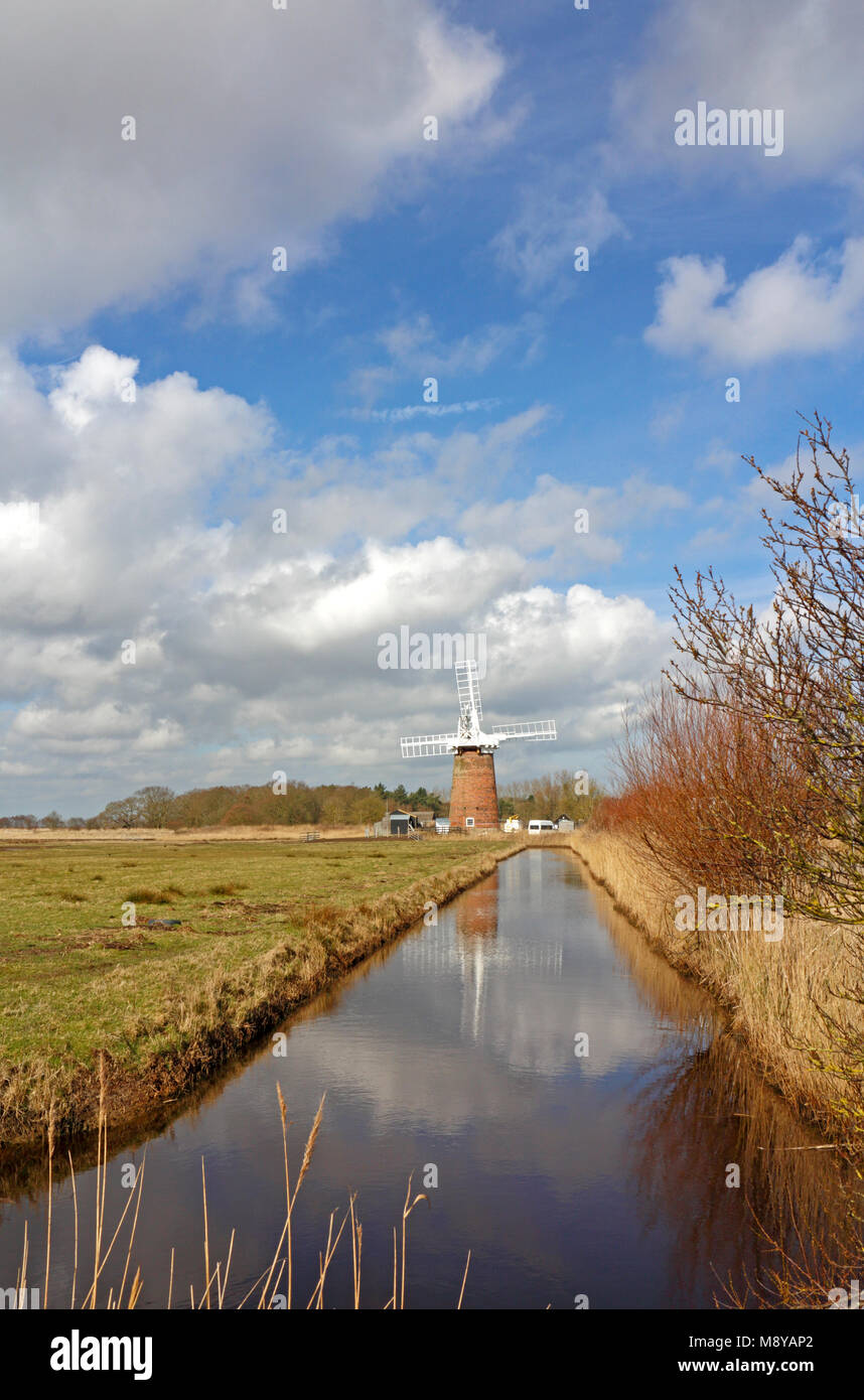 A view of Horsey Drainage Mill with replacement cap and sails on the ...