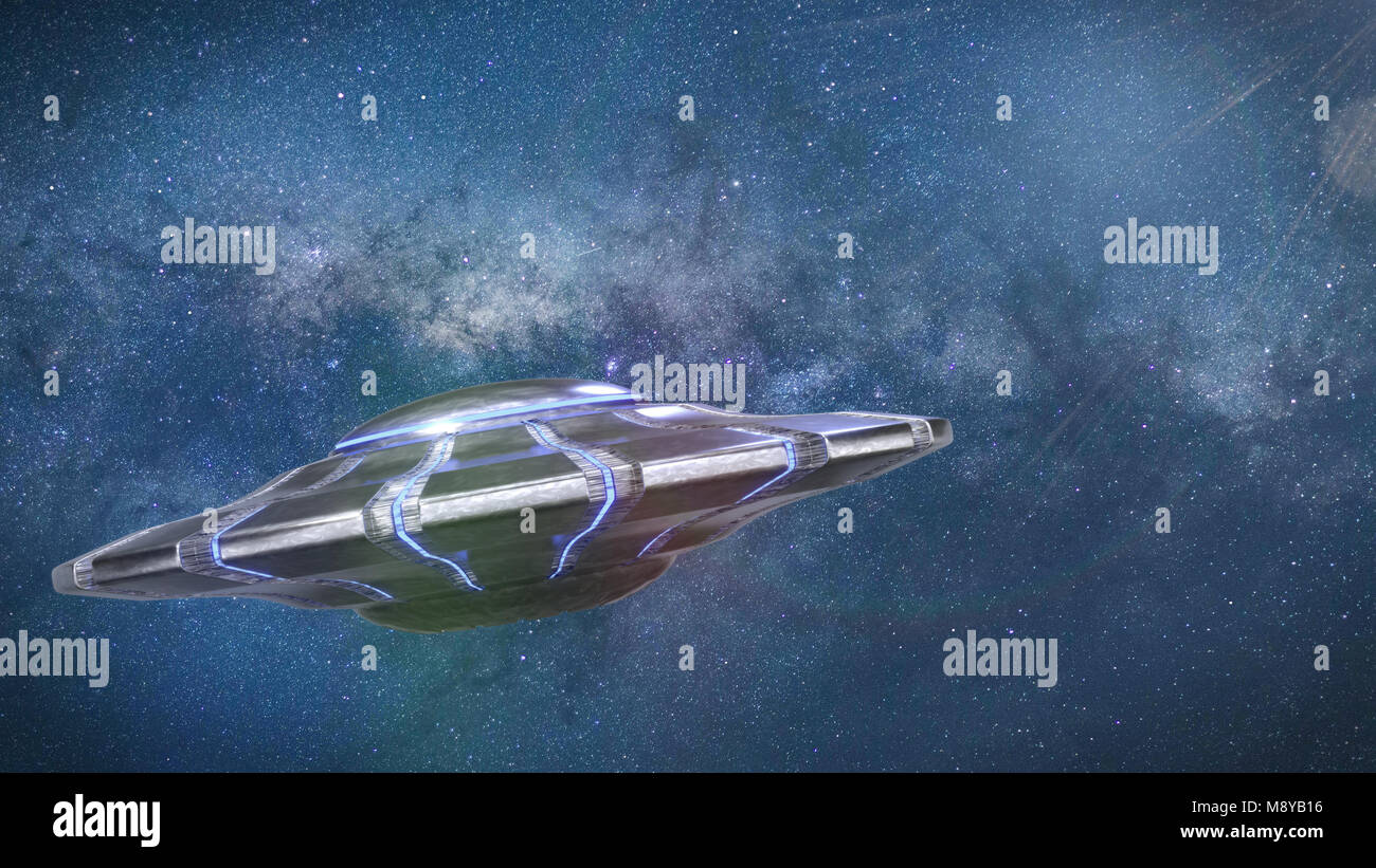 UFO, alien spaceship in outer space, flying saucer with stars of the ...