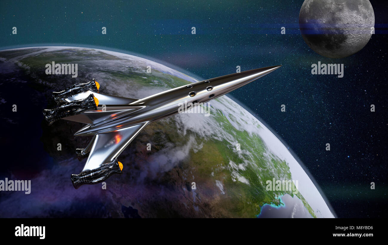 spaceship leaving planet Earth, spacecraft travelling to the Moon (3d ...