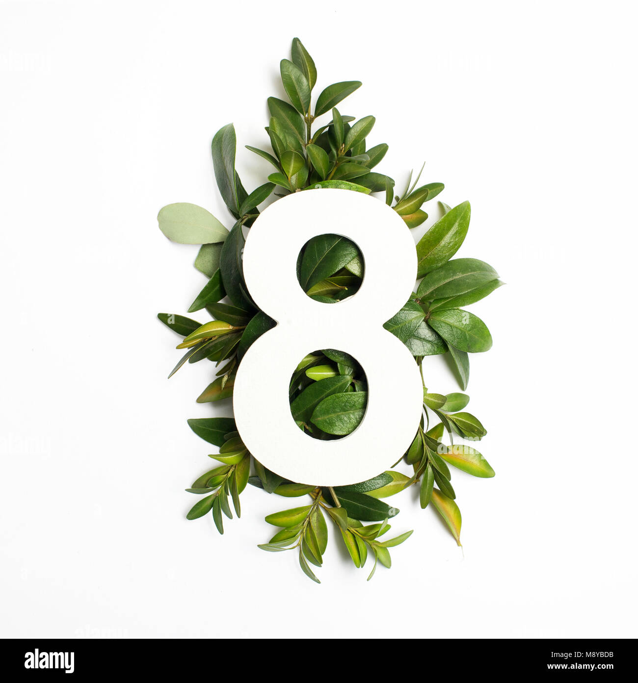 Number eight shape with green leaves. Nature concept. Flat lay Stock ...