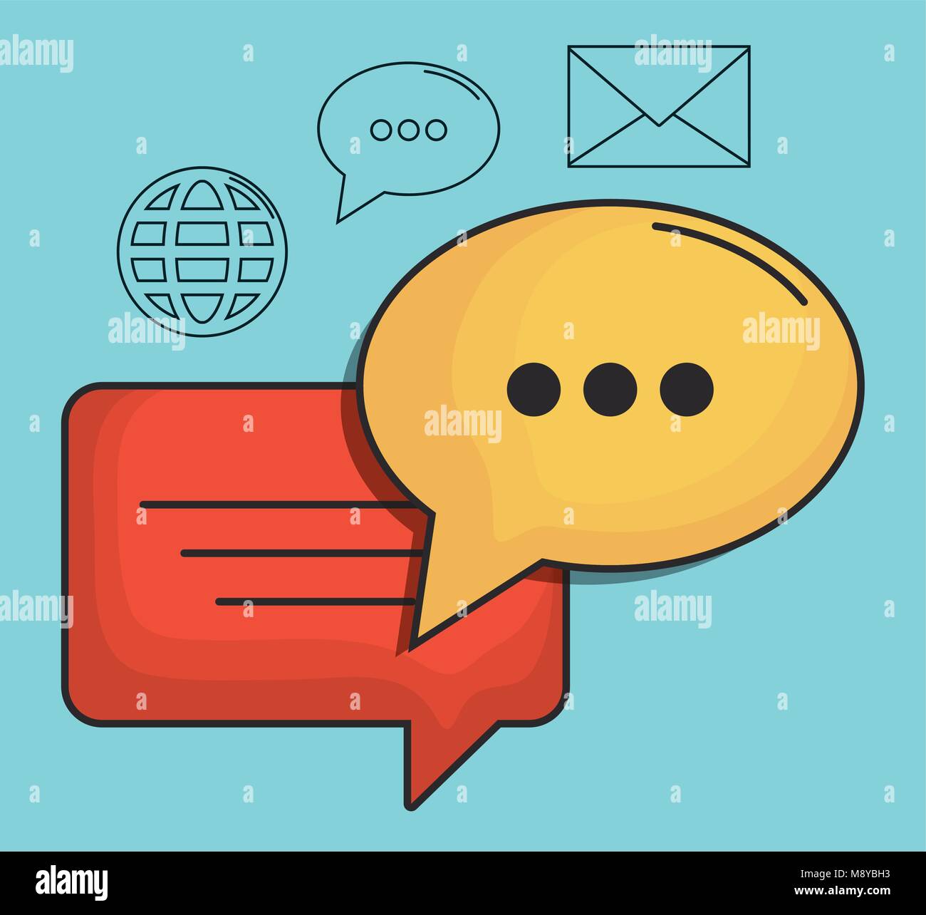 speech bubble with communication related icons around over blue ...