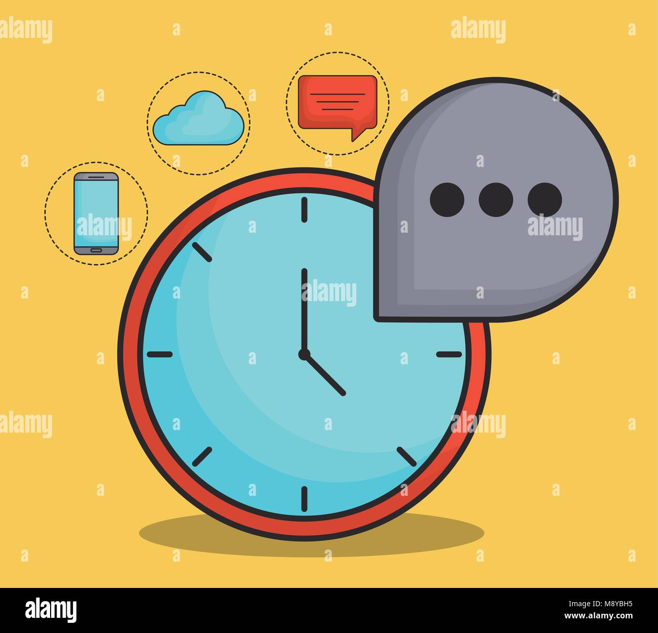 clock with communication related icons around over yellow background ...
