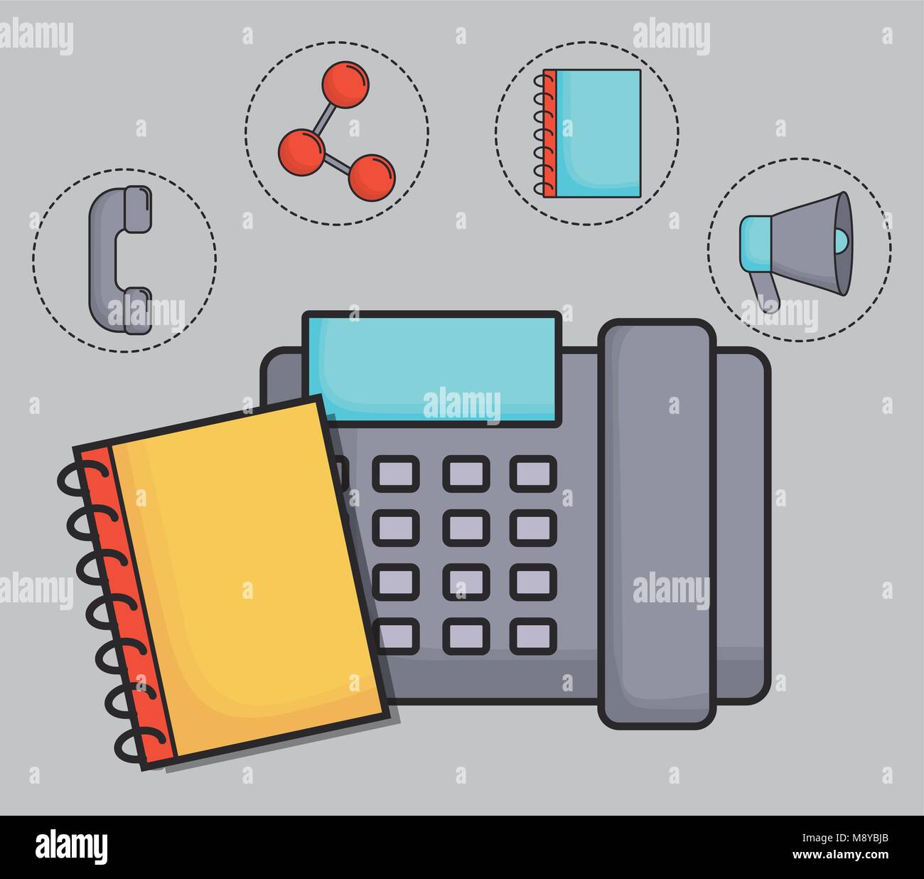 telephone with communication related icons around over gray background ...